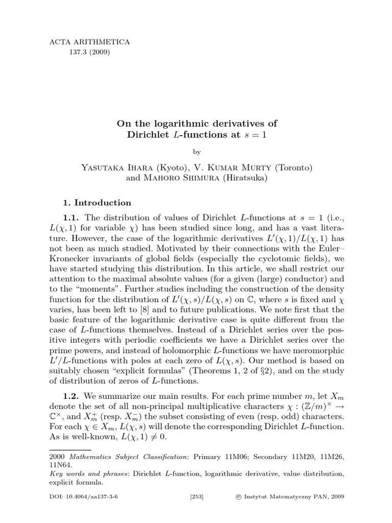 On The Logarithmic Derivatives of Dirichlet L-Functions at S 1 | PDF | Field (Mathematics ...