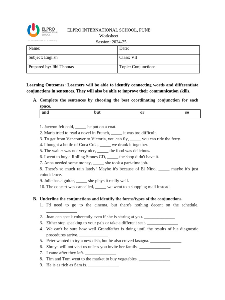 WS VII English July Conjunctions 2024-25 | PDF
