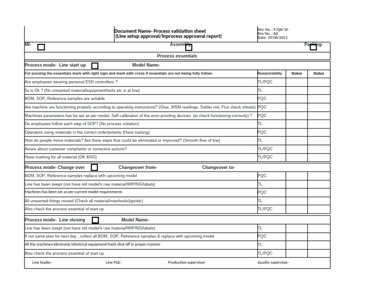 Line Startup-Changeover-Closing Sheet | PDF