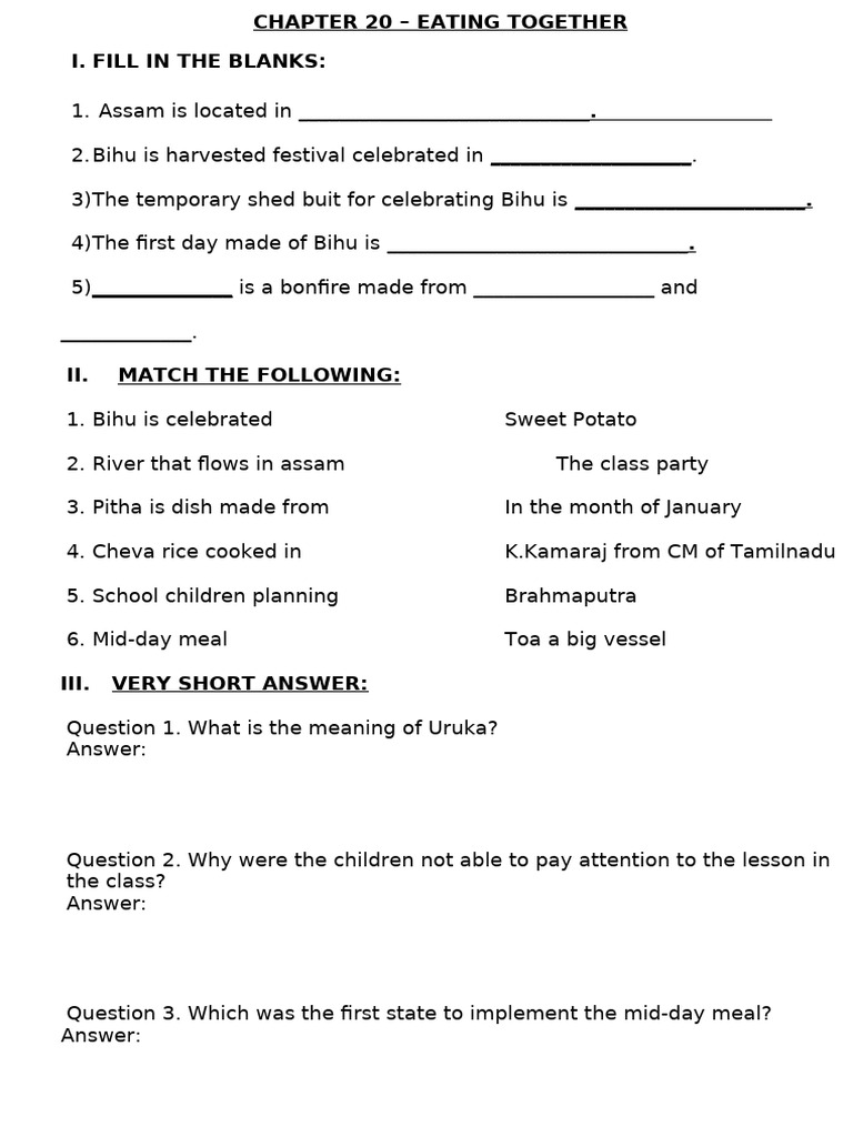 CHAPTER 20 EATING TOGETHER Practice Paper | PDF