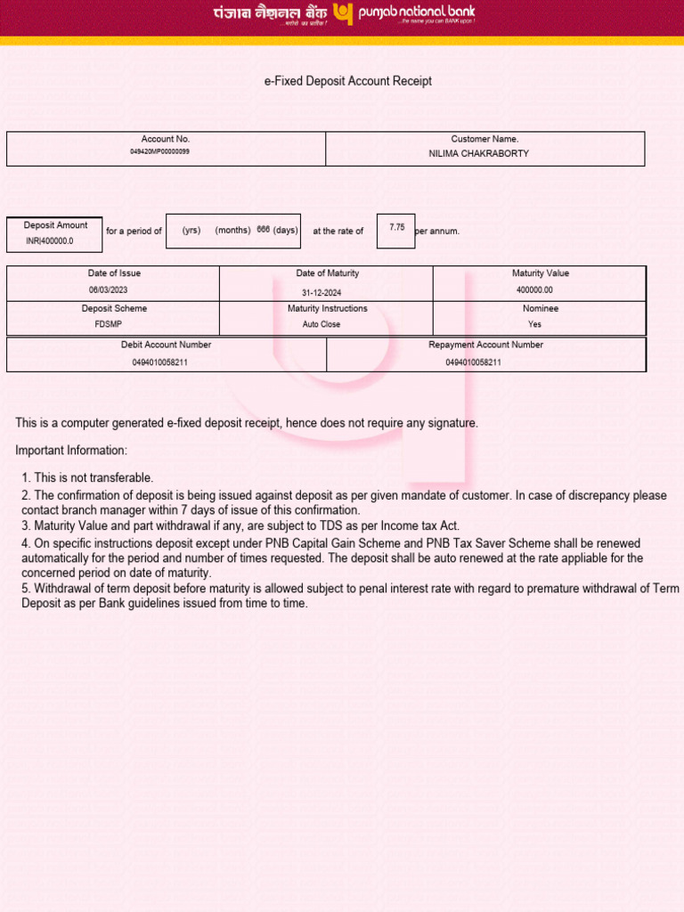 e-Fixed Deposit Receipt for FDSMP | PDF