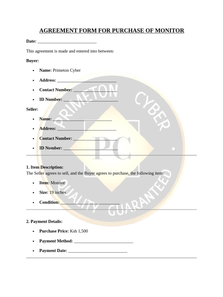 Agreement Form For Purchase of Monitor | PDF