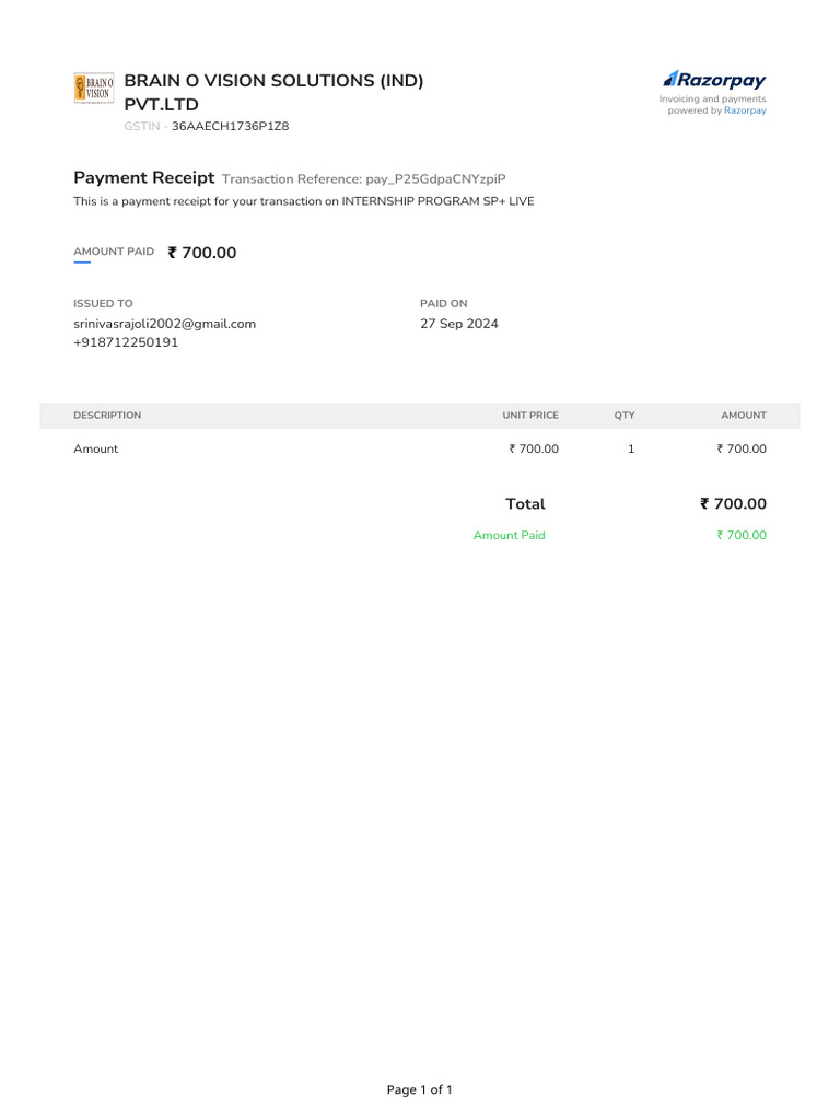 Payment Receipt for Internship Program | PDF