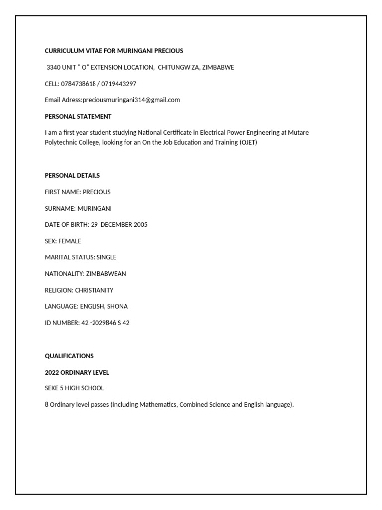 Curriculum Vitae For Muringani Precious | PDF