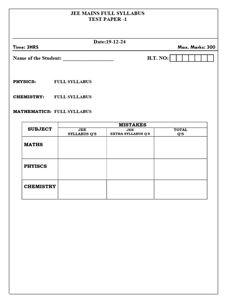 JEE MAINS FULL TEST PAPER -1 (QUESTION) | PDF | Gases | Temperature