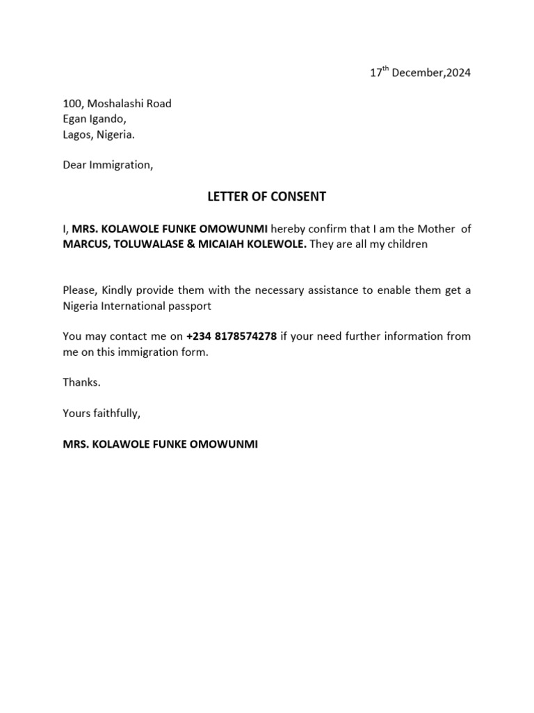 Immigration Consent Letter for Children | PDF