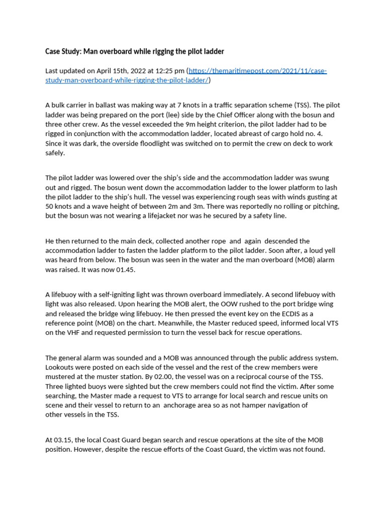 Case Study - Man Overboard While Rigging The Pilot Ladder | PDF | Ships ...