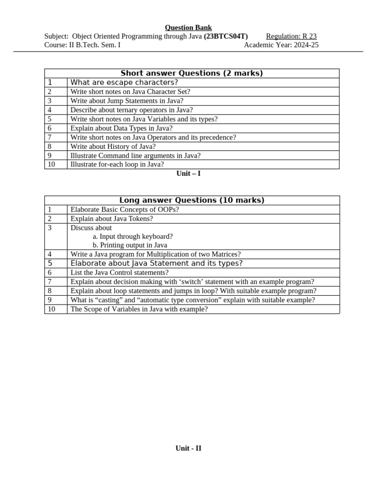 II-i Java Question Bank 2024-25 Students | PDF | Method (Computer Programming) | Class (Computer ...