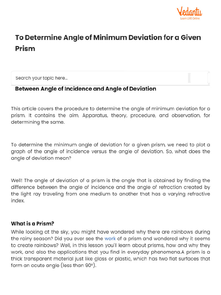 To Determine Angle of Minimum Deviation For A Given Prism | PDF