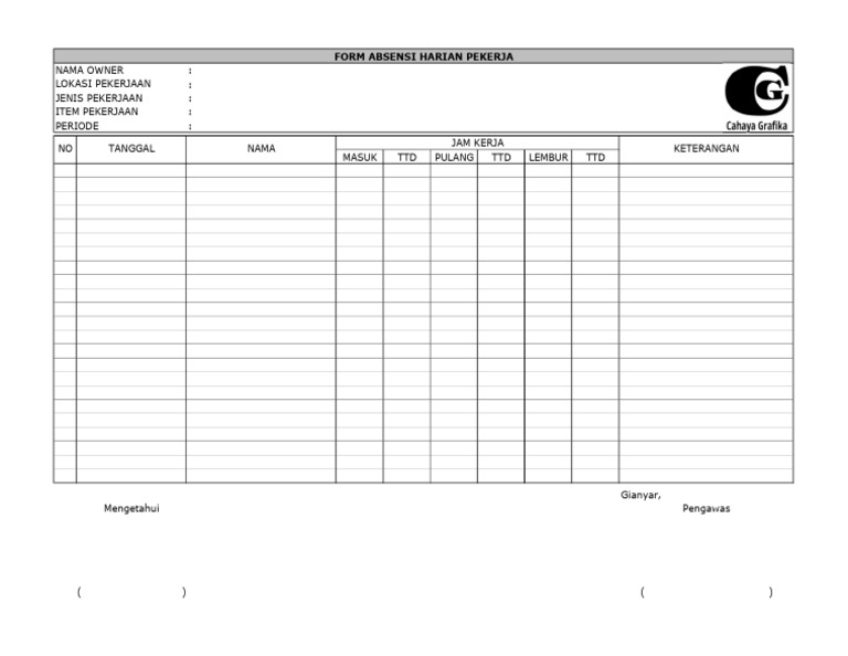 Form Absensi Harian Pekerja Gianyar | PDF