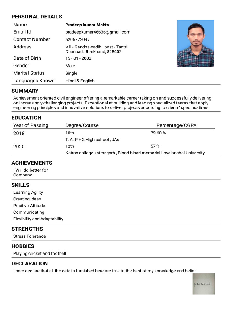 Resume Pradeep Kumar Mahto Format4 | PDF