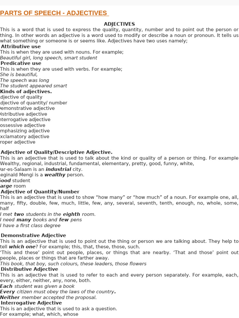 Adjectives Parts of Speech | PDF | Adjective | Part Of Speech