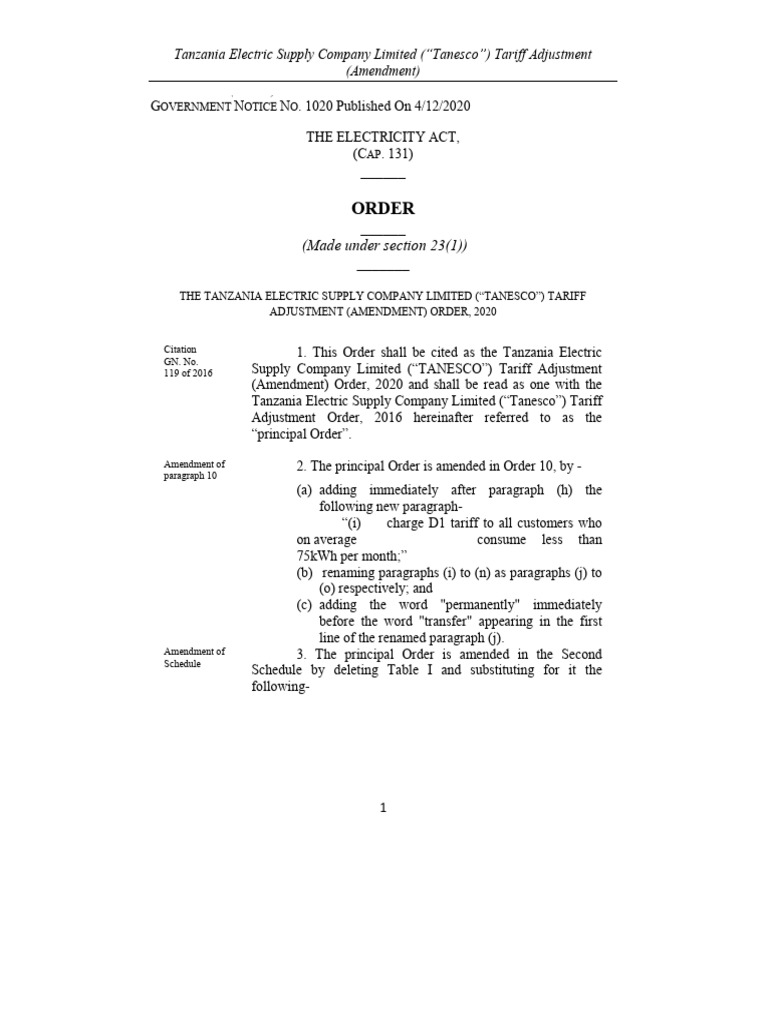 The-Tanzania-Electricity-Supply-Company-Limited-TANESCO-Tariff-Adjustment-Amendment-Order-2020 ...