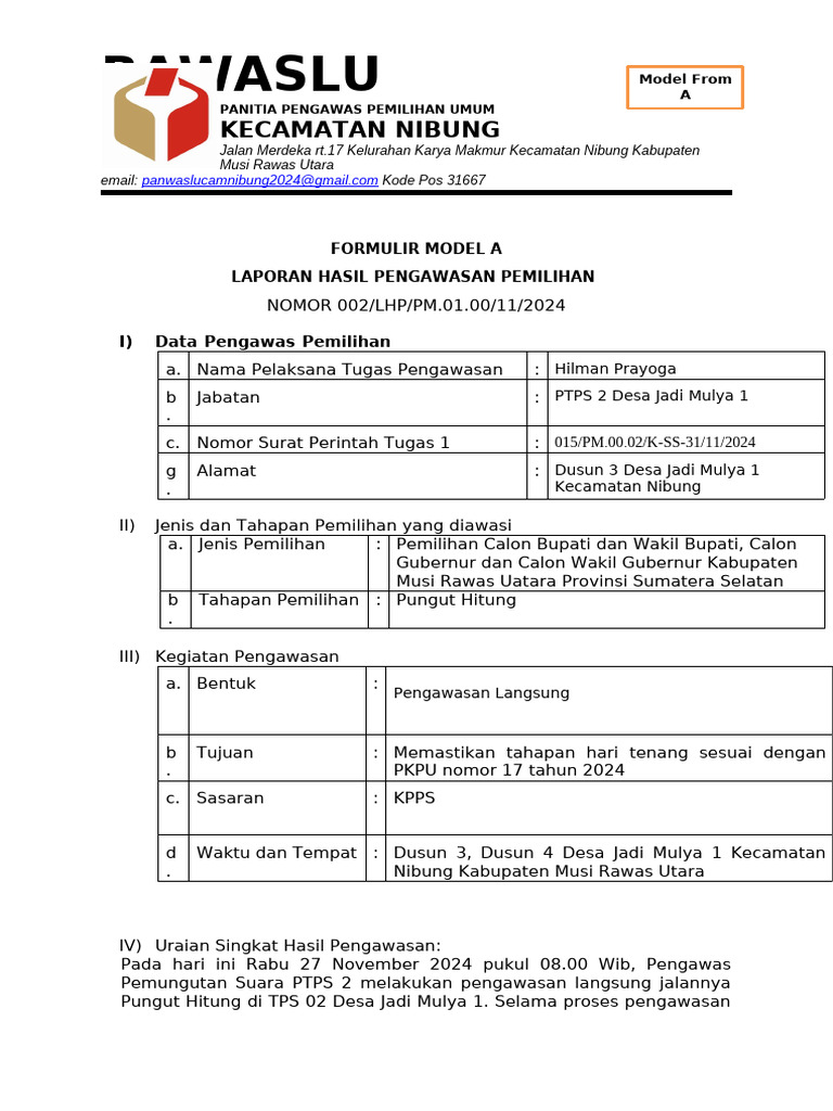 Contoh Pengisian Form A PTPS Pungut Hitung 1 | PDF