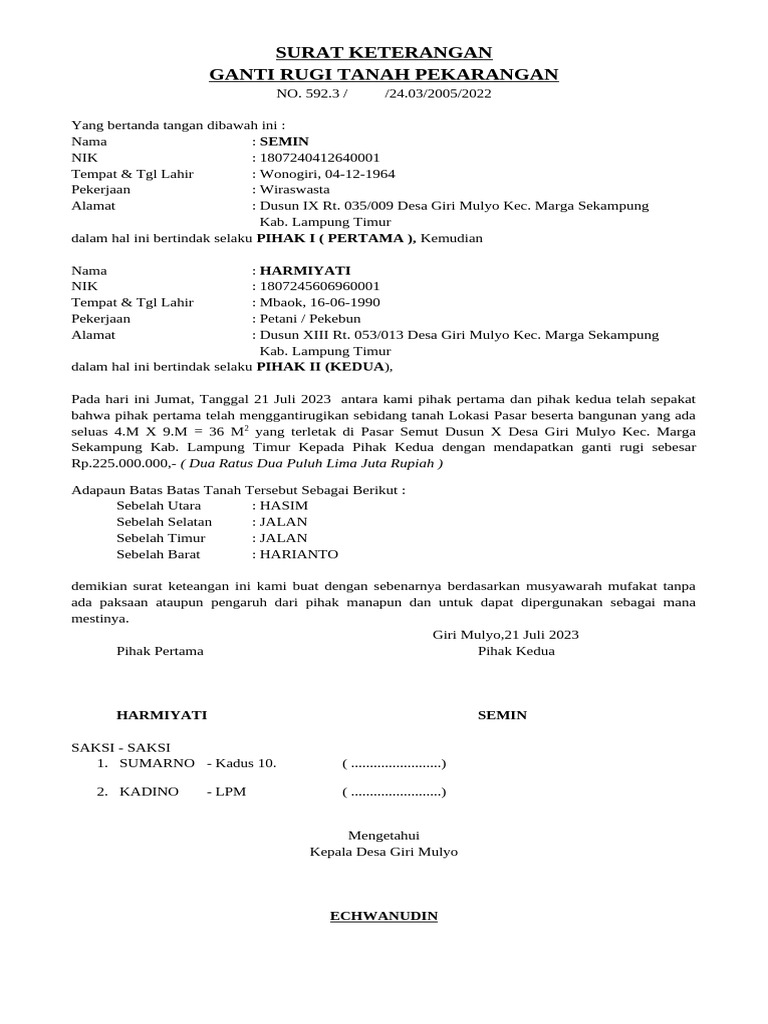 Surat Ganti Rugi Tanah Pekarangan | PDF