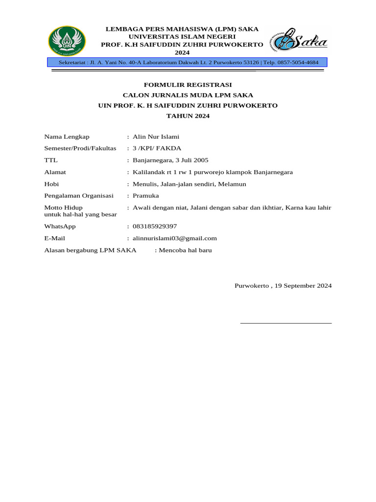 Format Formulir Registrasi dan CV Jurnalis Muda LPM Saka 2024 | PDF