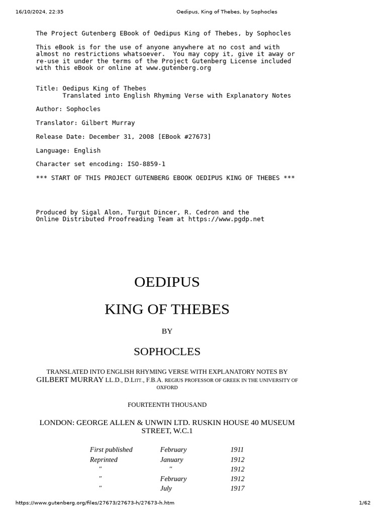 Oedipus, King of Thebes, By Sophocles | PDF | Oedipus | Sophocles