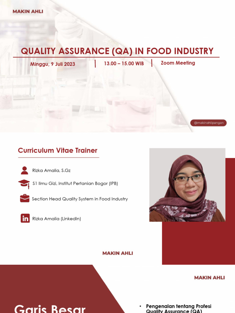 Materi Qa in Food Industry Batch 27 Makin Ahli 2023 | PDF