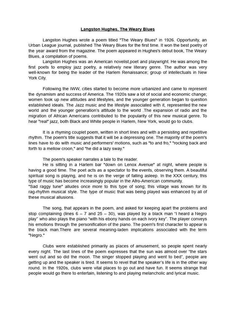 Langston Hughes, The Weary Blues | PDF | Poetry