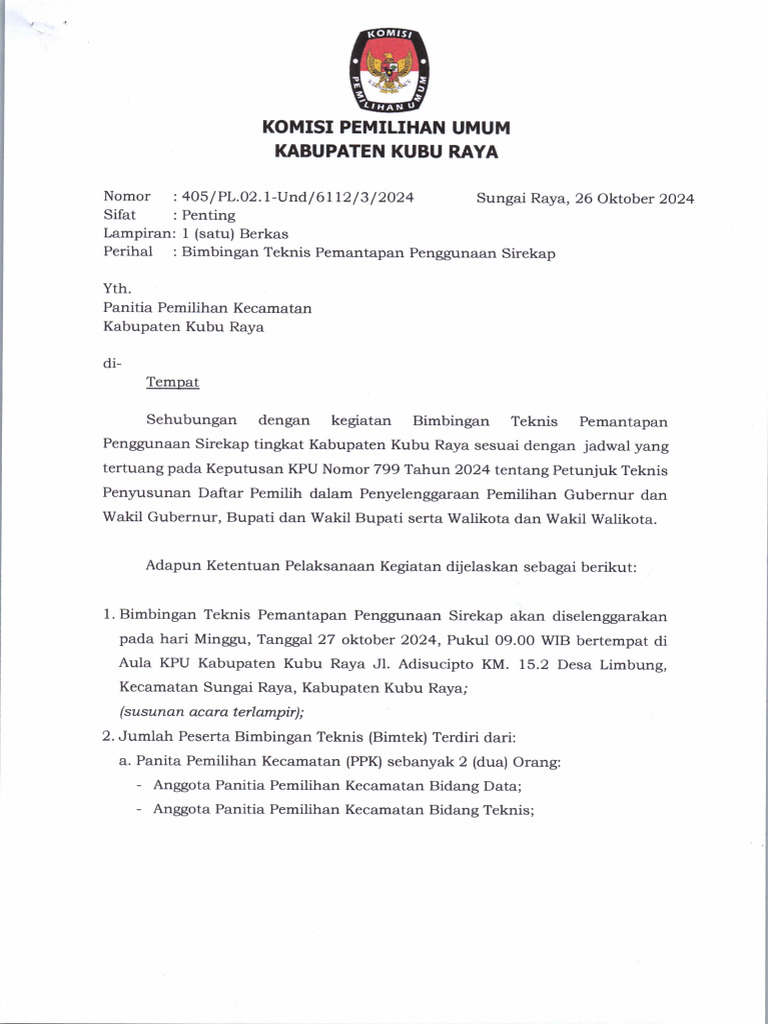 (26 Oktober 2024) Undangan Bimbingan Teknis (SIREKAP PPK) | PDF