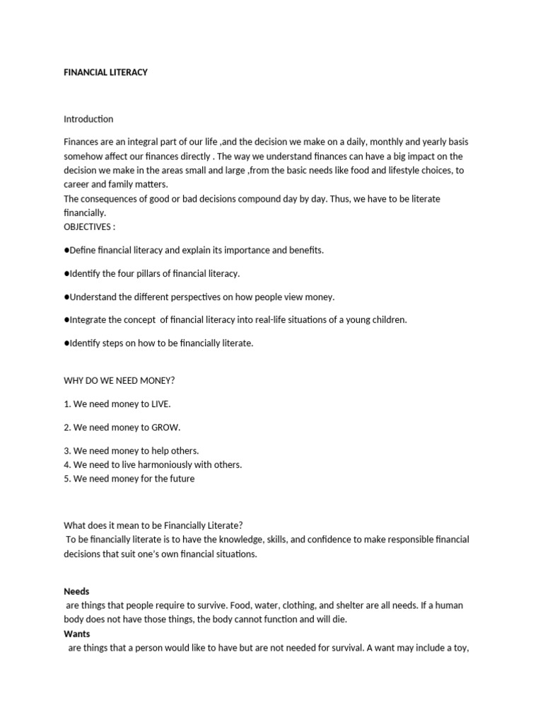 Financial Literacy Outline | PDF | Financial Literacy | Expense