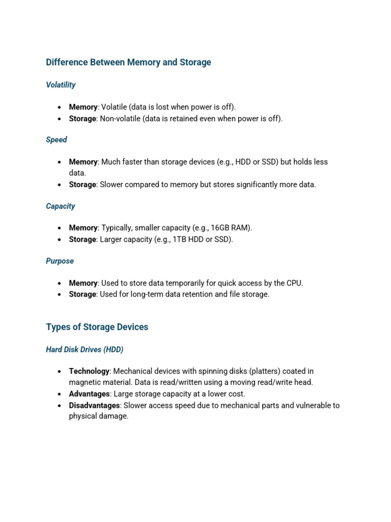 Memory and Storage Difference Between Memory and Storage Vol | PDF | Computer Data Storage ...