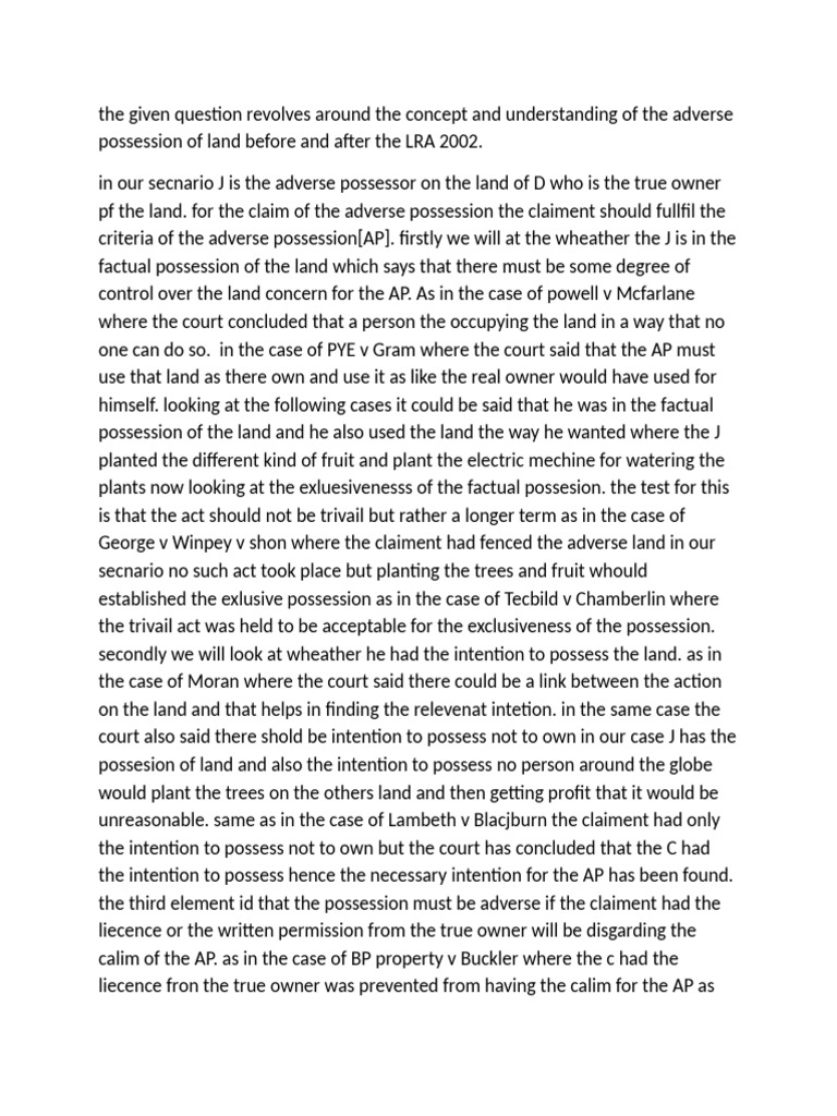 Past Paper | PDF | Adverse Possession | Possession (Law)