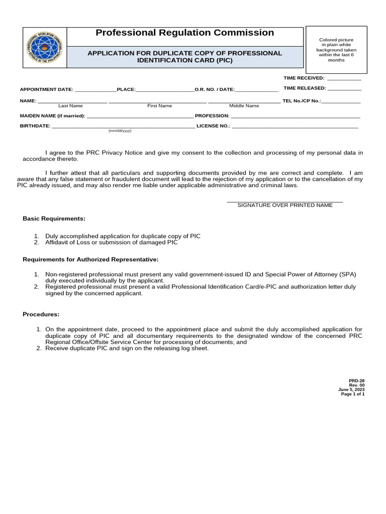 PRD-28 Application For Duplicate Copy of Professional ID Card | PDF ...