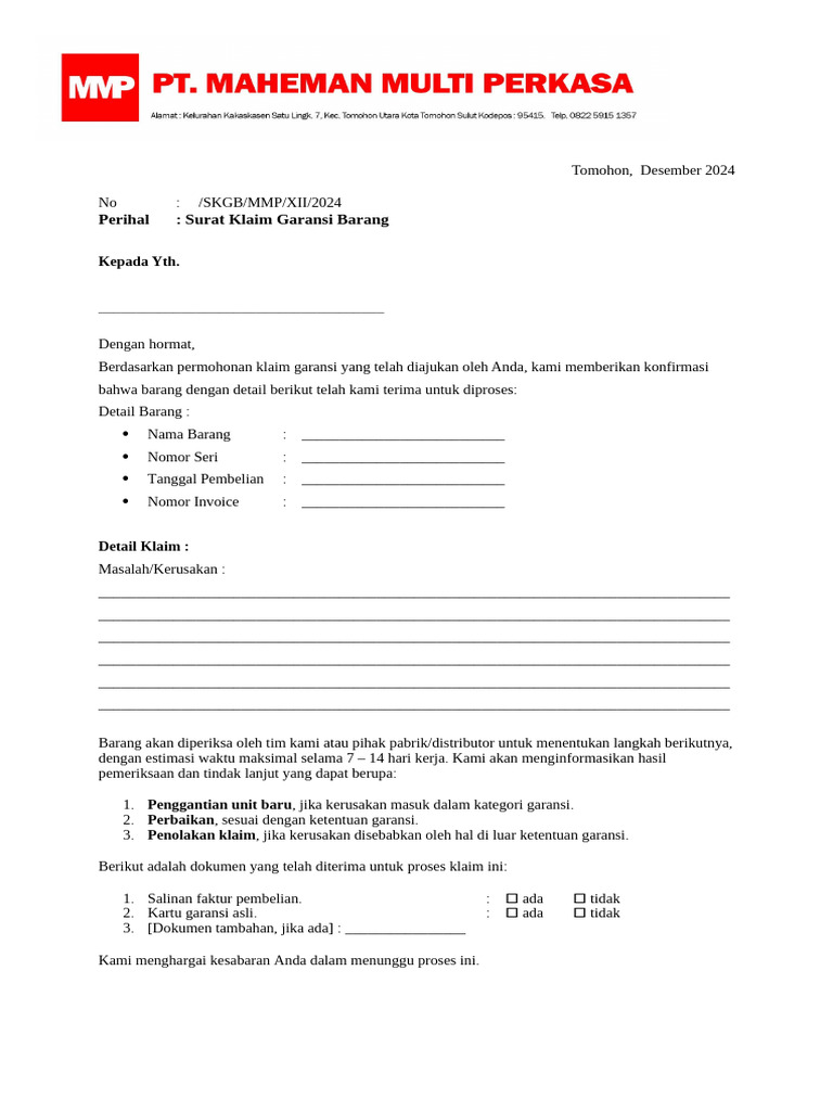 Surat Klaim Garansi Barang Elektronik | PDF