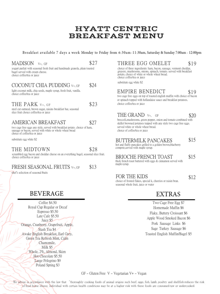 Hyatt Centric Breakfast Menu | PDF | Pancake | Bacon