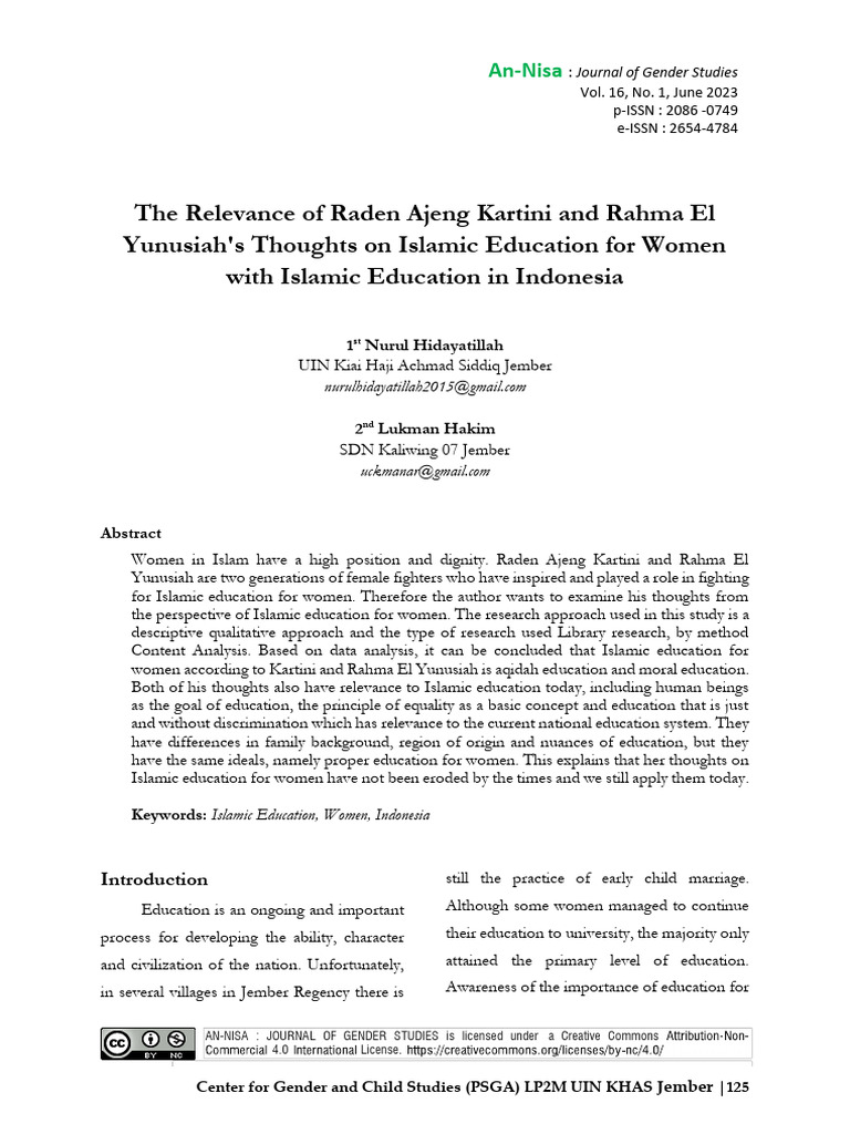 Islamic Education for Women: Kartini & Yunusiah | PDF | Morality | Thought