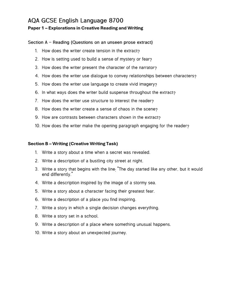 AQA GCSE English Language 8700 - Essay Questions | PDF