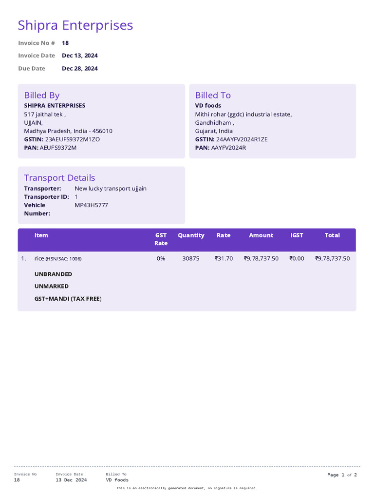 Invoice 18 Shipra Enterprises VD Foods | PDF