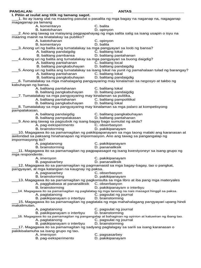 Long Quiz-Balita-Filipino-8 | PDF