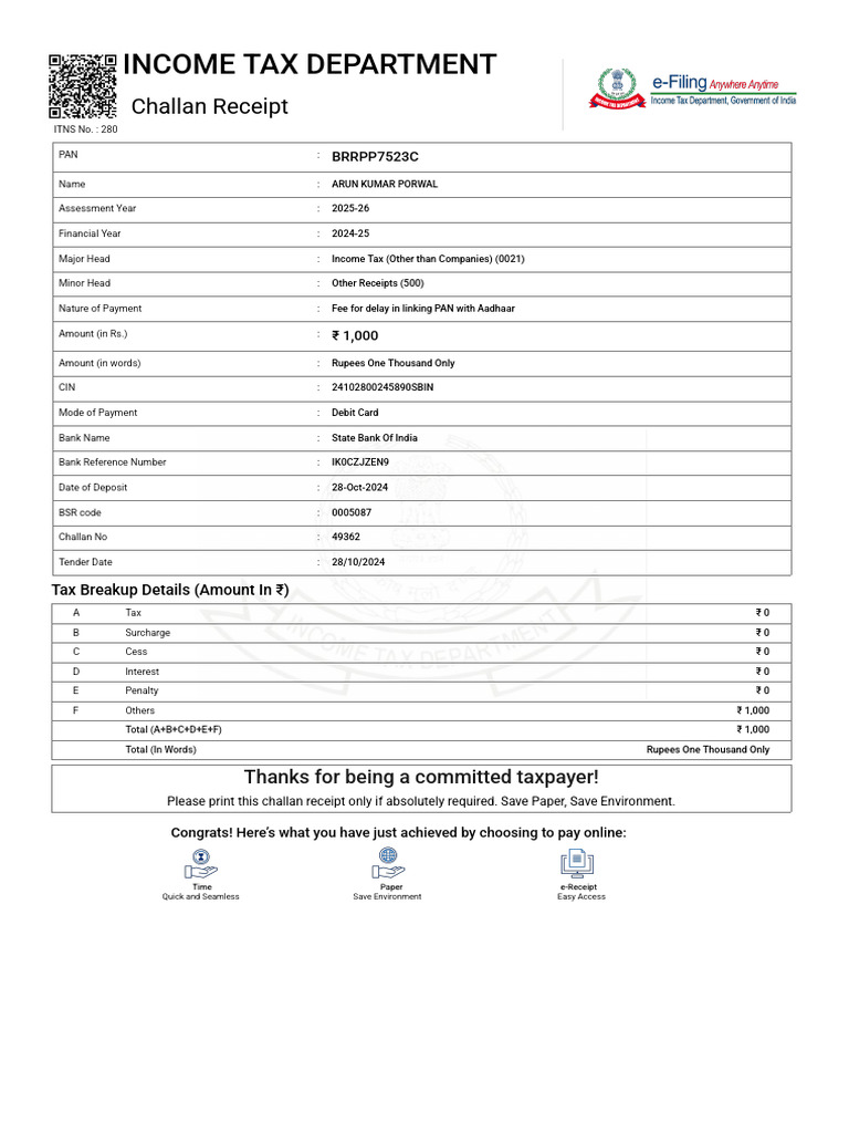 Income Tax Challan Receipt for PAN-Aadhaar Link | PDF | Payments | Government Finances