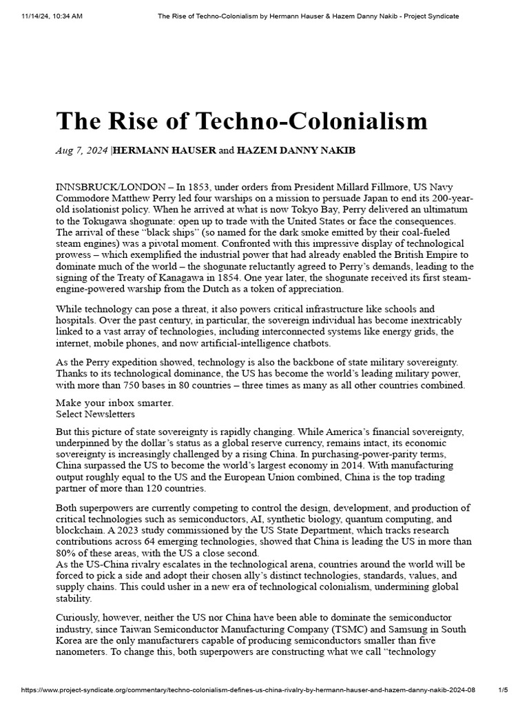 The Rise of Techno-Colonialism by Hermann Hauser & Hazem Danny Nakib - Project Syndicate | PDF