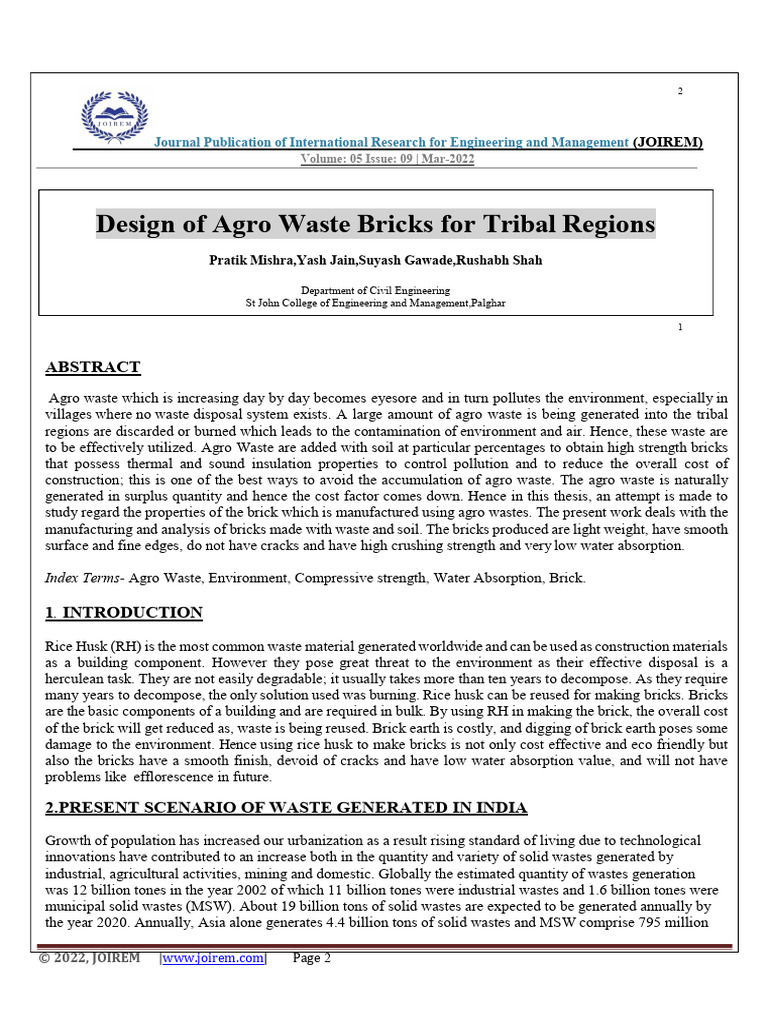 Design of Agro Waste Bricks For Tribal Regions | PDF | Brick | Waste