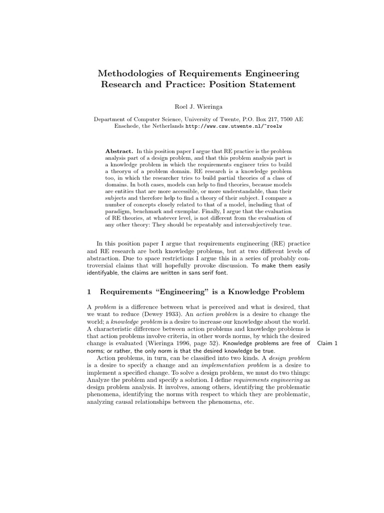 Methodologies of Requirements Engineering Research and Practice- Position Statement | PDF ...
