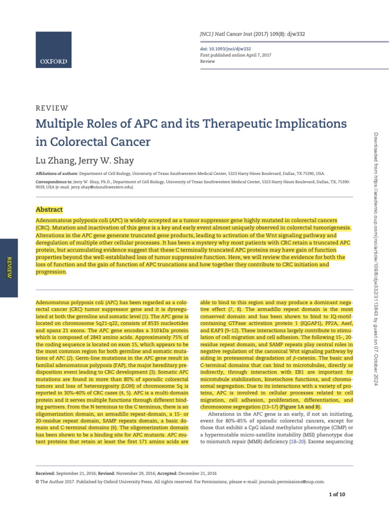 Multiple Roles of APC and Its Therapeutic Implications | PDF ... Multiple Roles of APC and Its Therapeutic Implications | PDF ...
