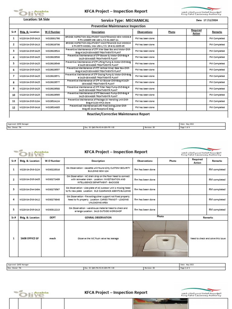 Mech Inspection Report SA Side 17-11-24 | PDF | Mechanical Engineering