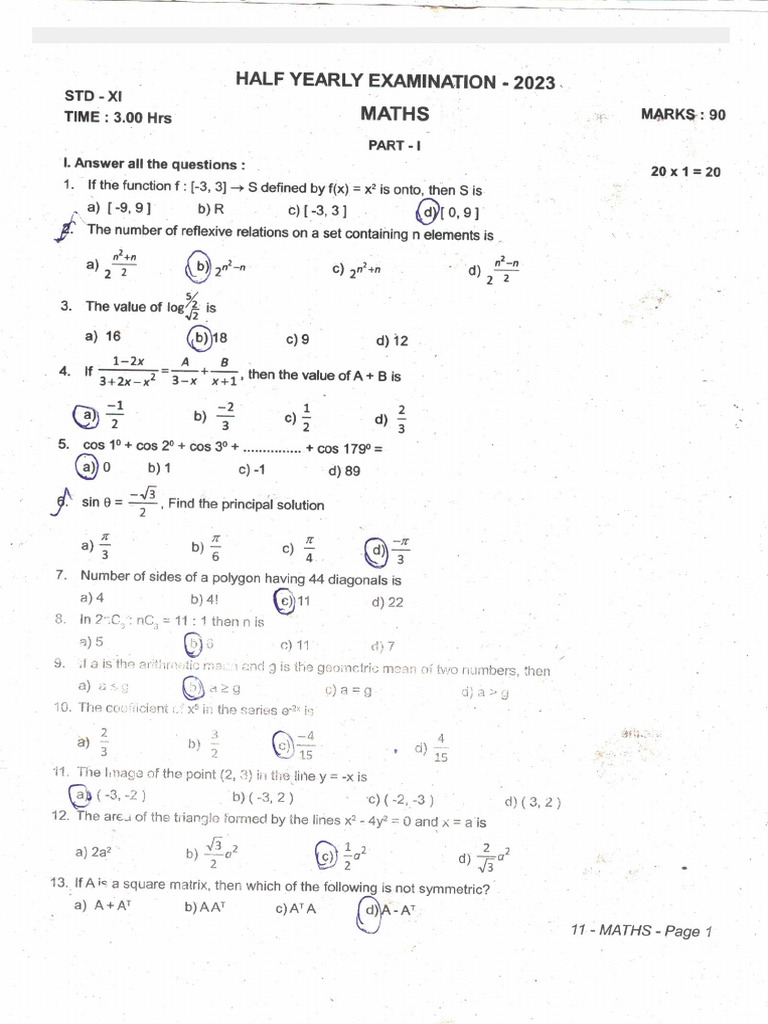 11th Maths EM Half Yearly Exam 2023 Quesiton Paper With Answer Keys ...