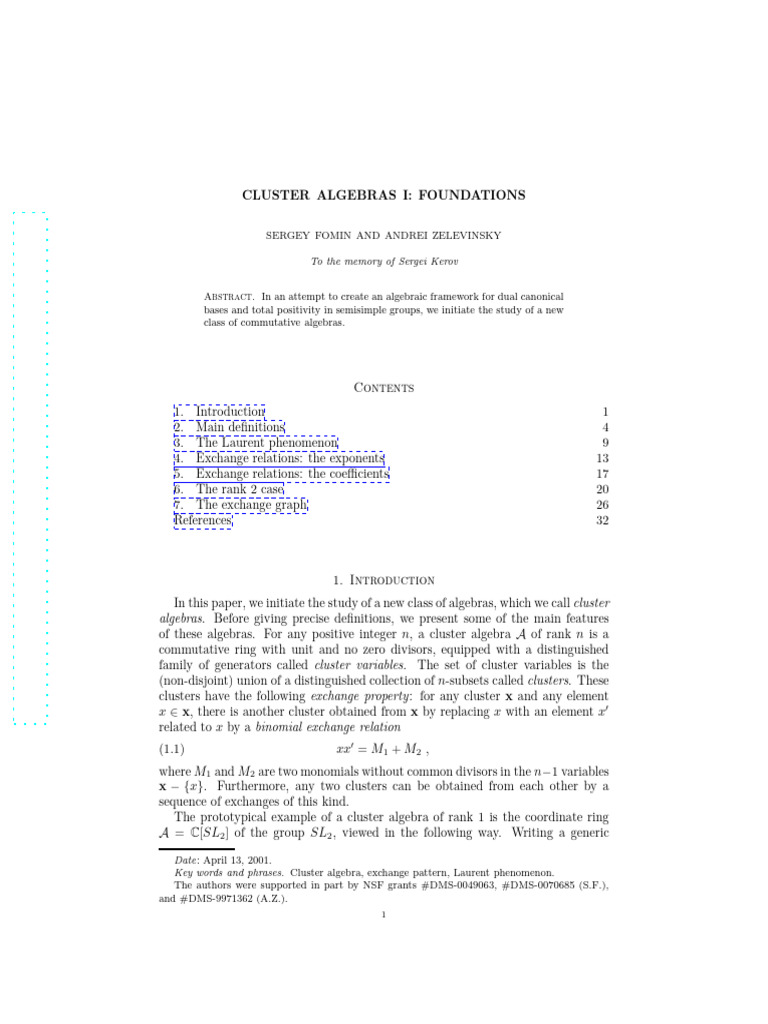 Cluster Algebras I: Foundations: To The Memory of Sergei Kerov | PDF ...