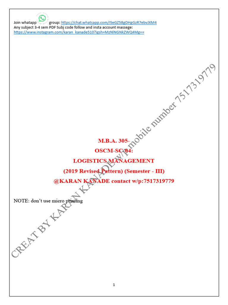 M.B.A. 305-OSCM-SC-04 LOGISTICS MANAGEMENT_unlocked | PDF | Logistics | Warehouse