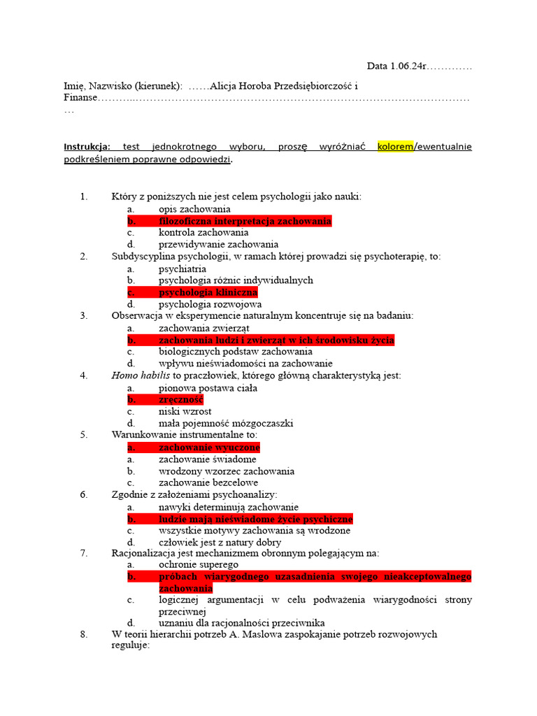 Test Psychologia | PDF