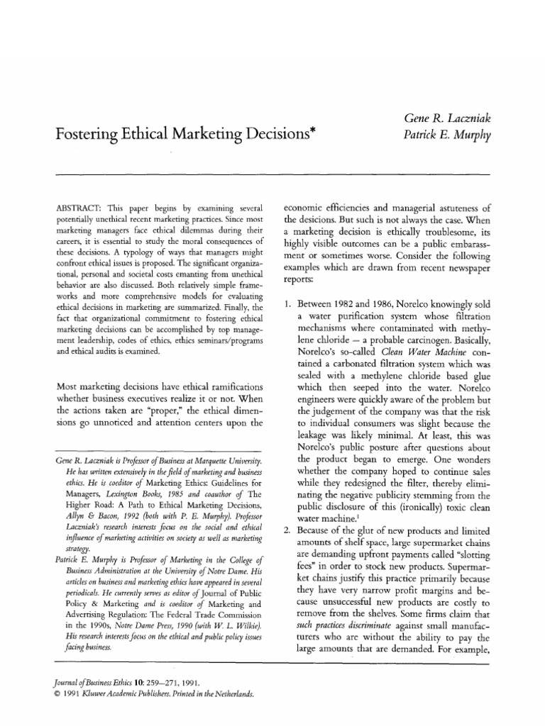 Fostering Ethical Marketing Decisions | PDF