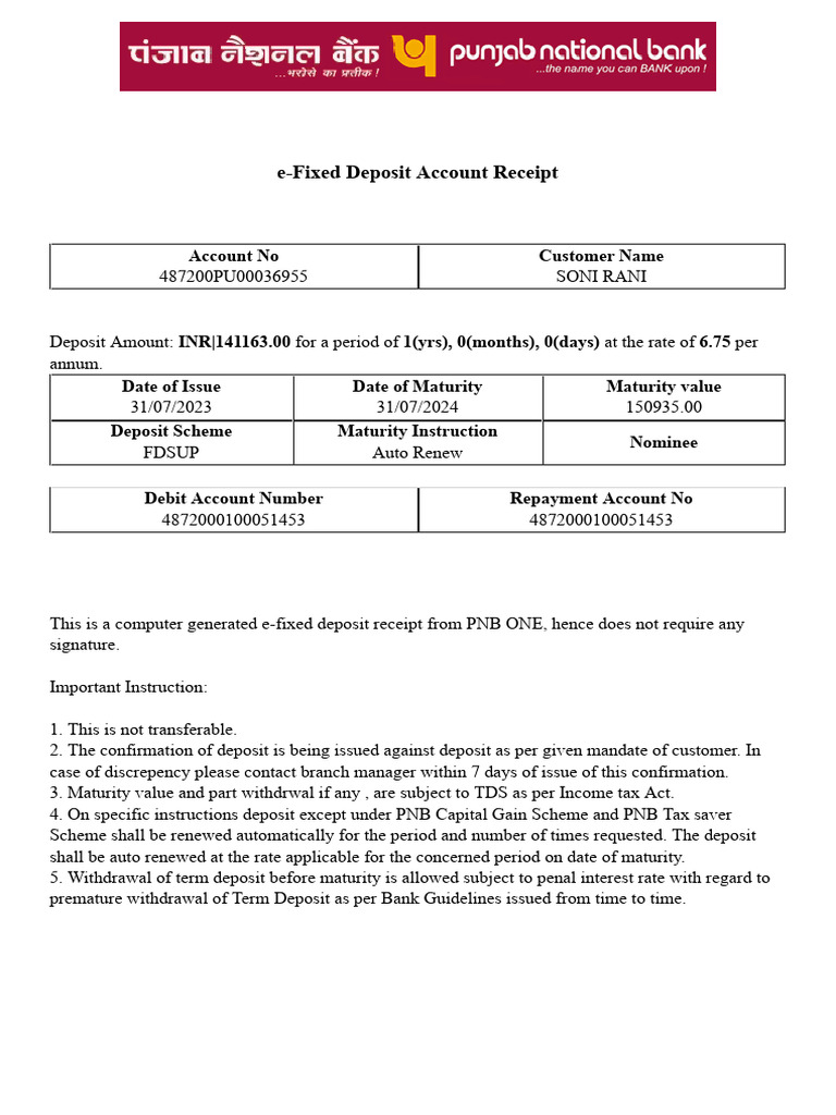 PNB e-Fixed Deposit Receipt Details | PDF