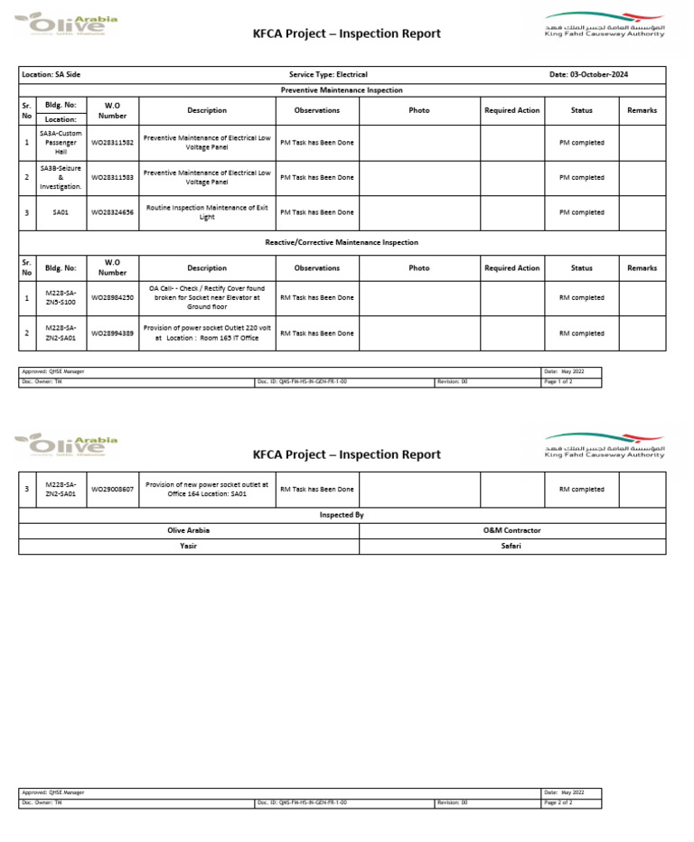 Electrical Inspection Report SA Side 03 October 2024 | PDF ...