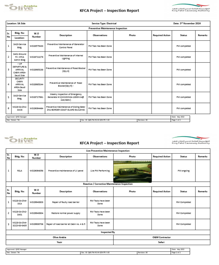 Electrical Inspection Report SA Side 3rd November 2024 | PDF