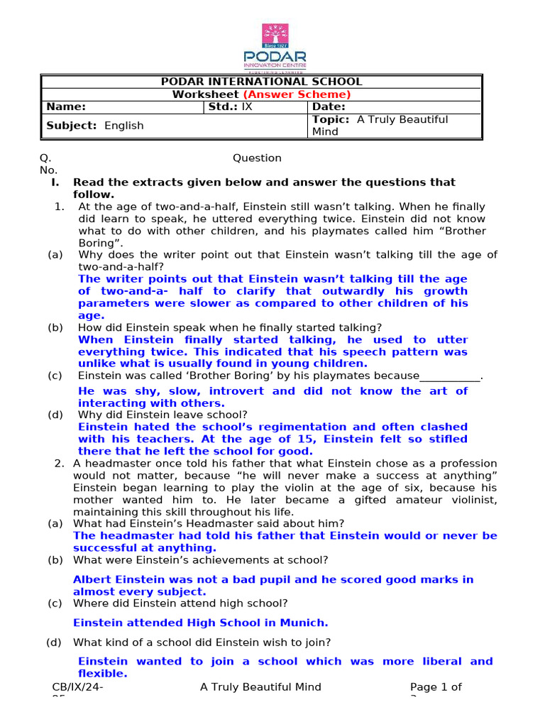 AS - WS - CB - IX - Eng - Prose - A Truly Beautiful Mind | PDF | Albert ...
