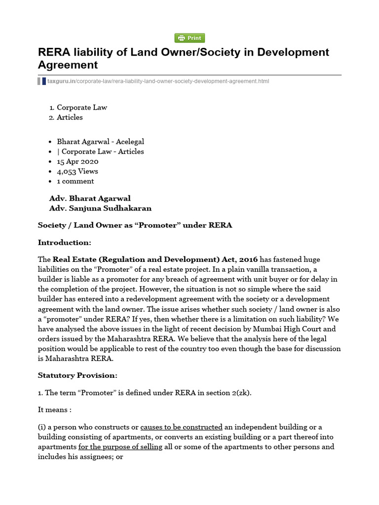 RERA Liability of Land Owner - Society in Development Agreement | PDF ...